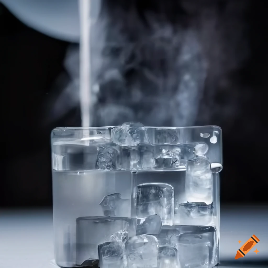 Container demonstrating phases of water: ice, liquid, steam under ...