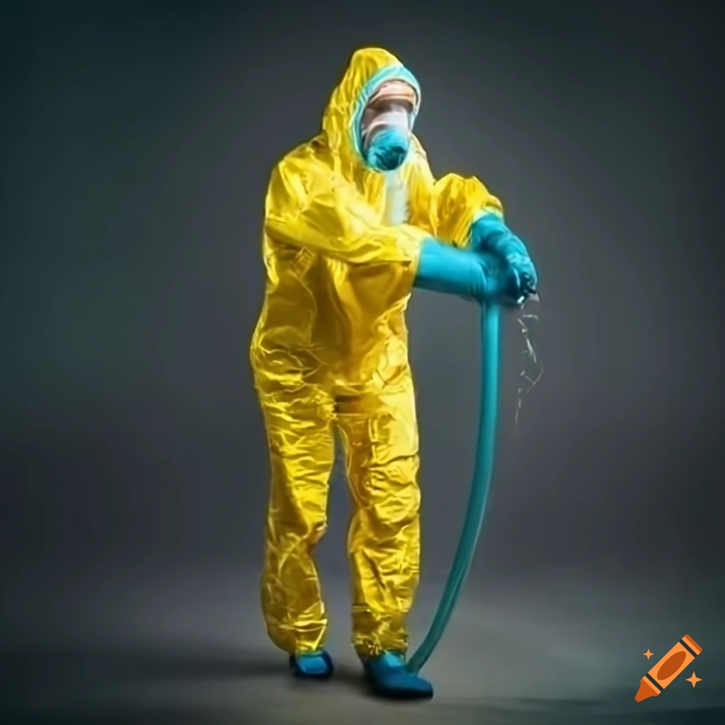 Man in hazmat suit operating a powerful water-hose in an ominous ...