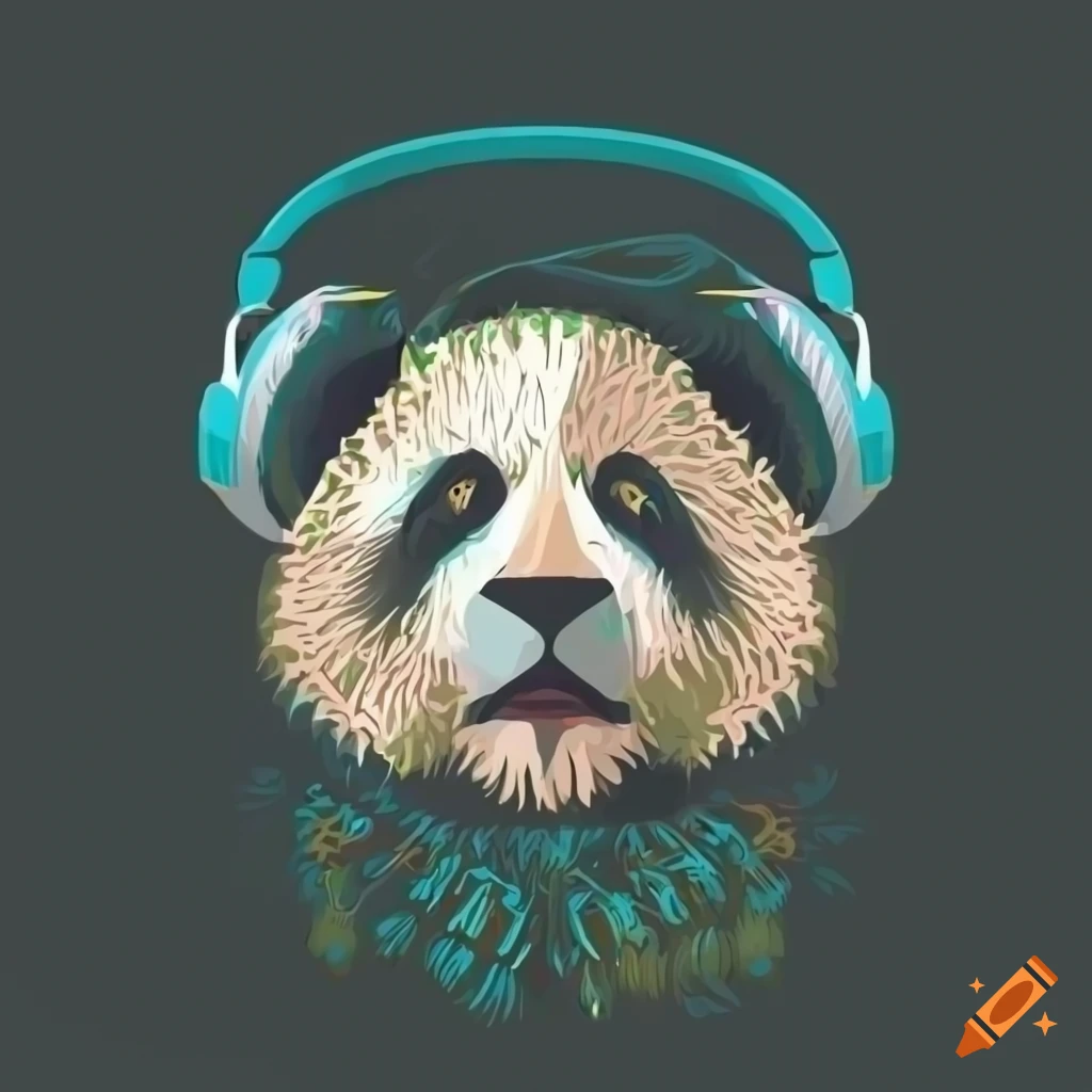 Artistic 2d logo design of a playful persian panda face with headphones ...