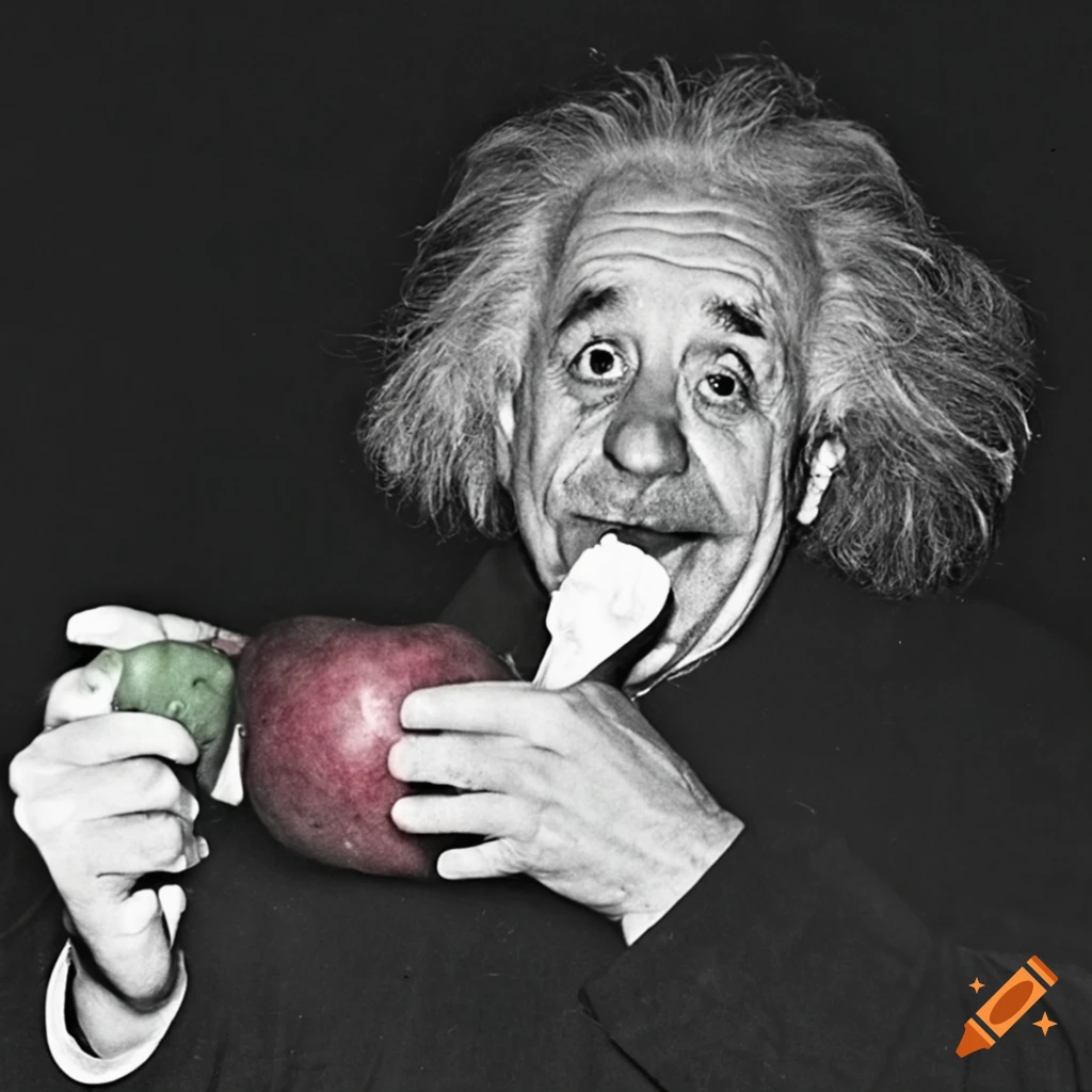 Albert Einstein eating a huge apple in a paparazzi photograph on Craiyon