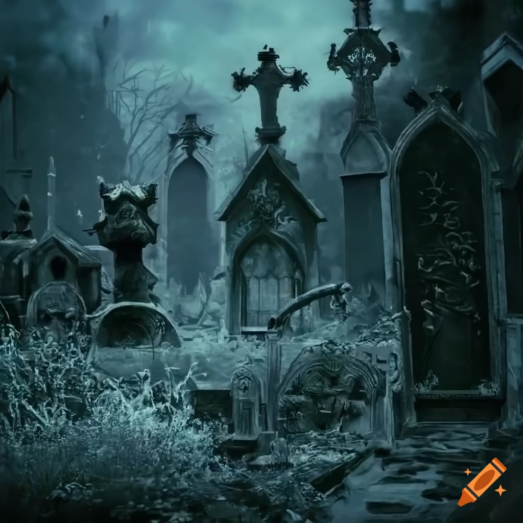 Gothic graveyard with ornate metal and stone fences on Craiyon