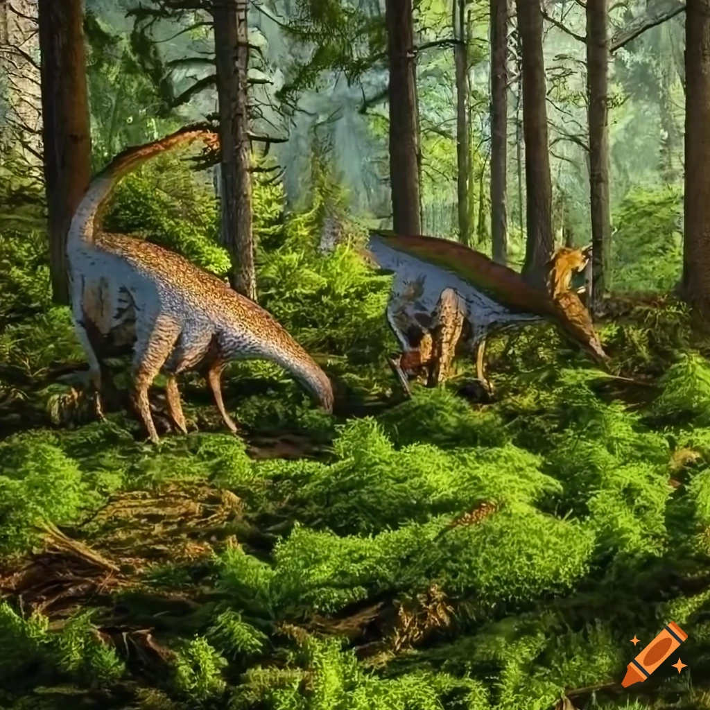 Detailed parasaurolophus walking in a forest clearing with fallen trees ...