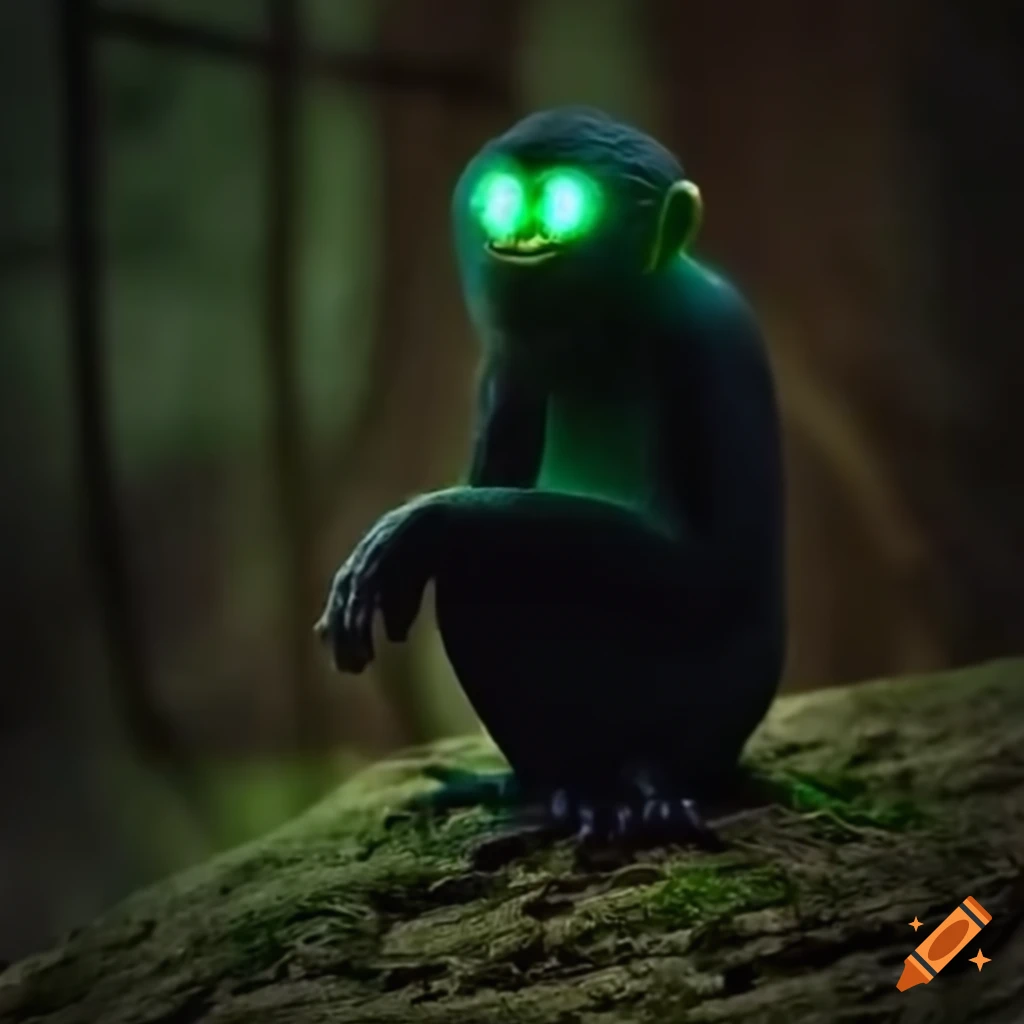 Mysterious monkey figure with glowing eyes in dark woods on Craiyon