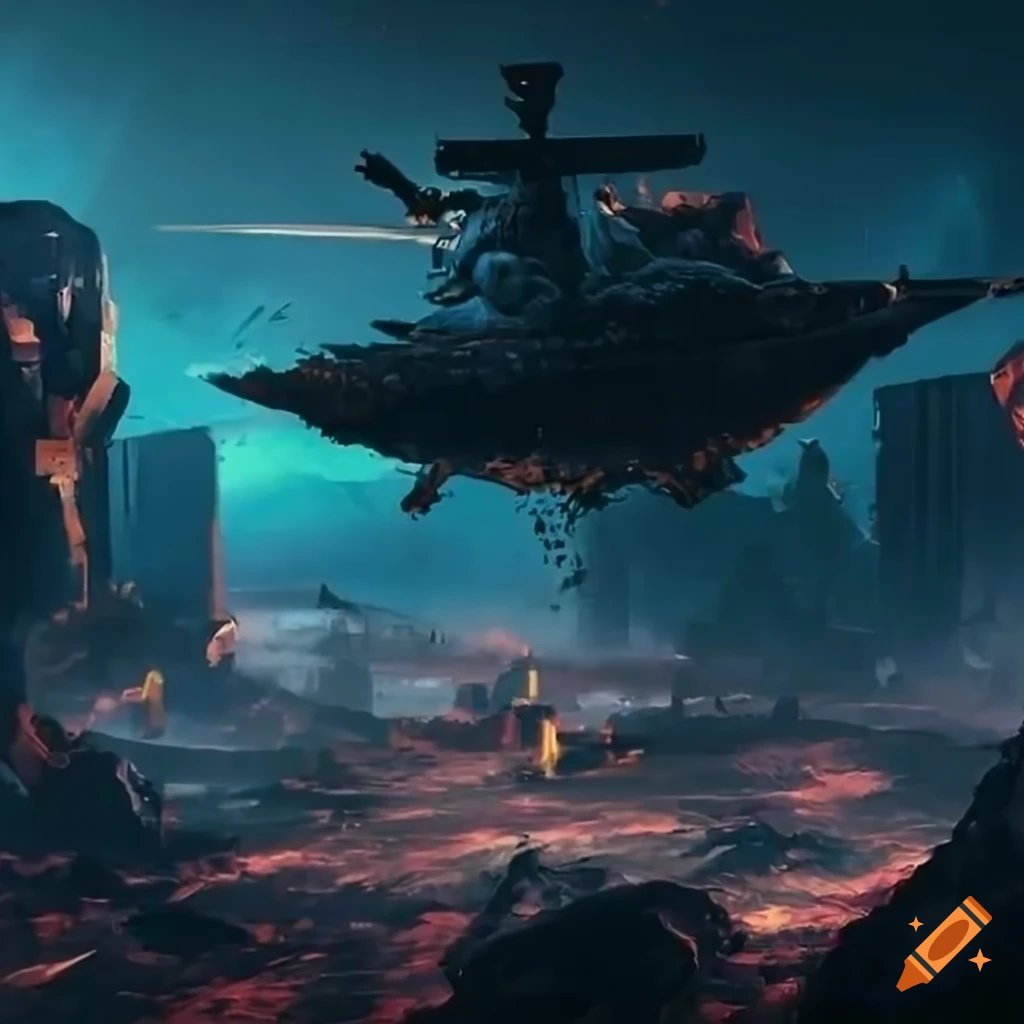 Futuristic soldier battling flying metal orbs in a volcanic cyberpunk ...