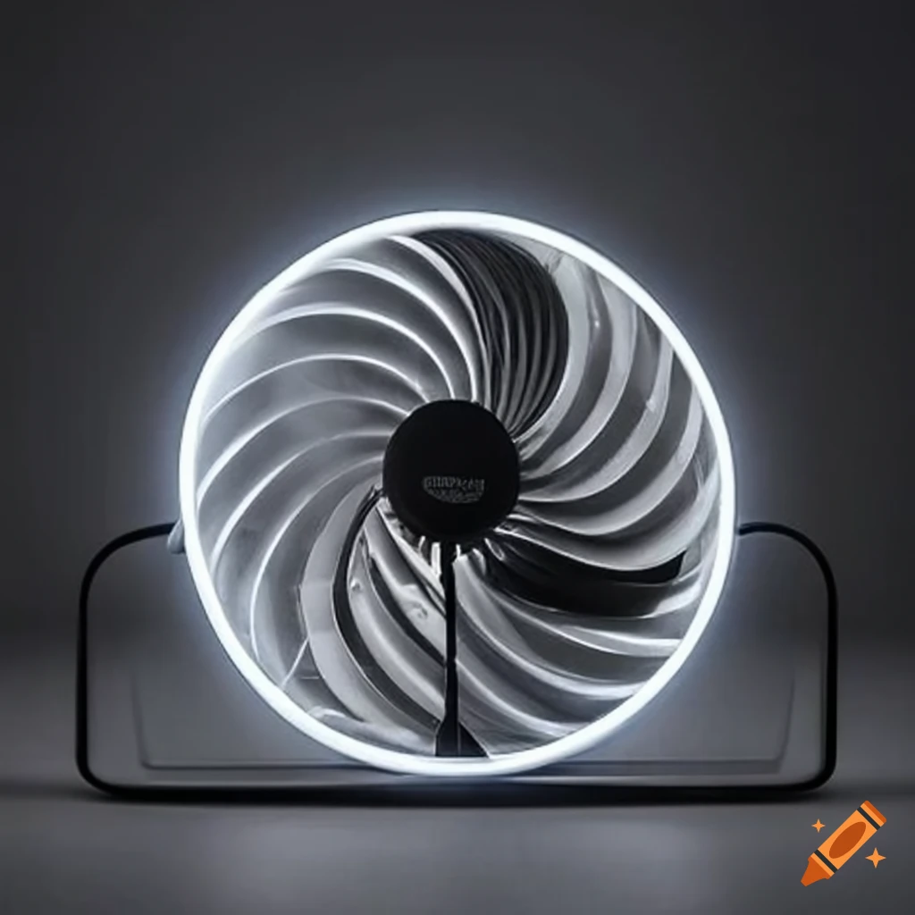 Futuristic black and white Bluetooth-controlled fan with LED lights on ...