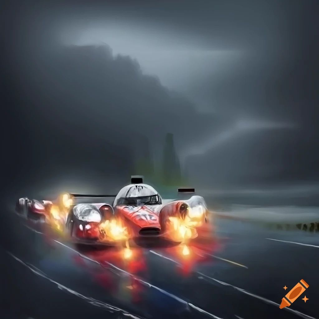 Le mans racing scene on a winding road in pouring rain under overcast ...