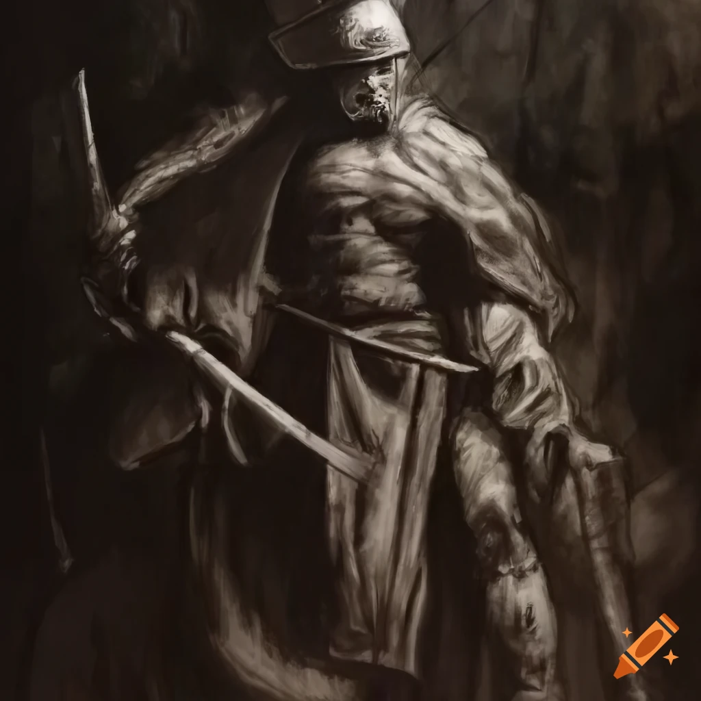 The soldier from team fortress 2 in medieval clothing, charcoal drawing ...