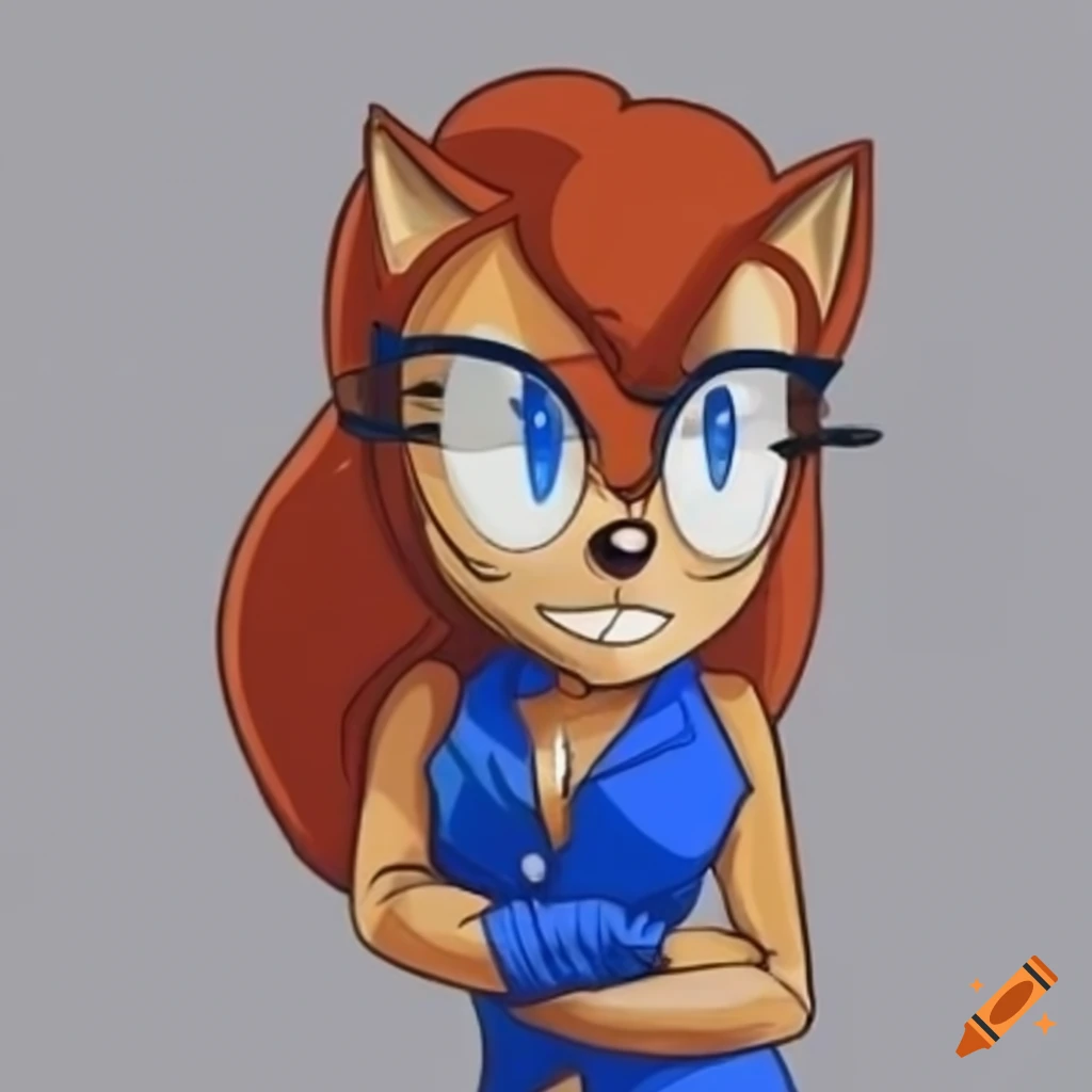 Sally Acorn in royal blue shirt and glasses in side profile on Craiyon