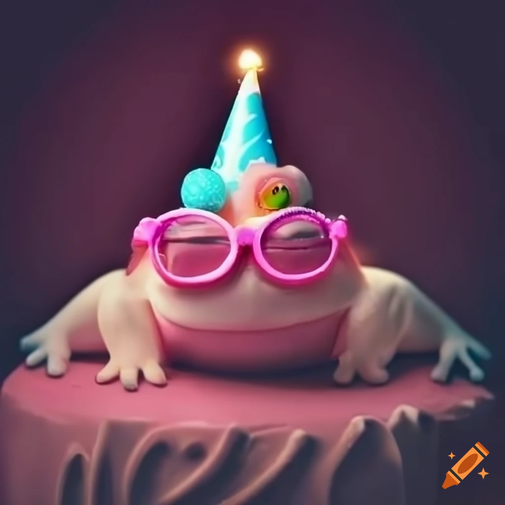 Ghost frog in pink glasses and birthday hat with birthday cake on Craiyon