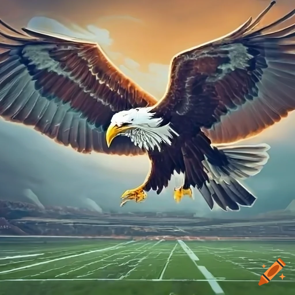 Eagles soaring over a vibrant football game in a fantasy setting on Craiyon