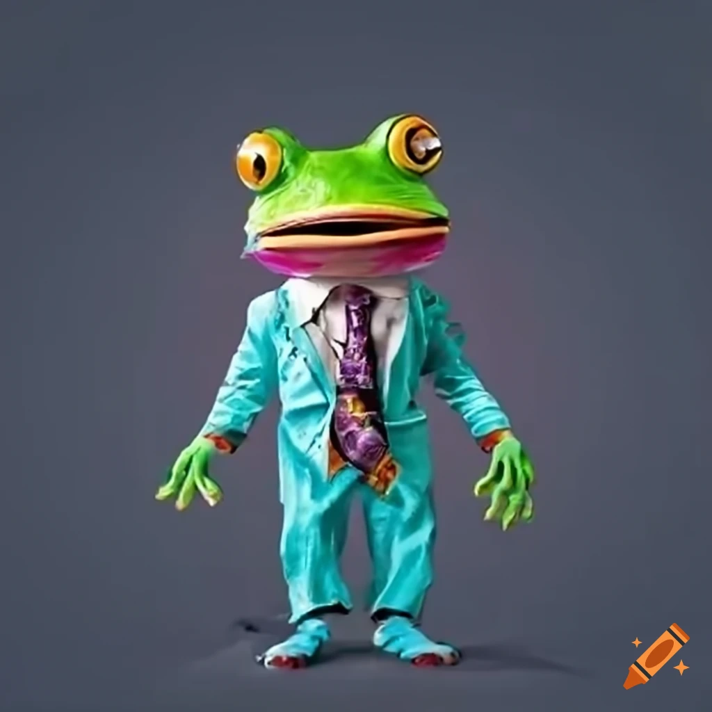 Frog head human in suit skateboarding, flying cows with wings on heads ...