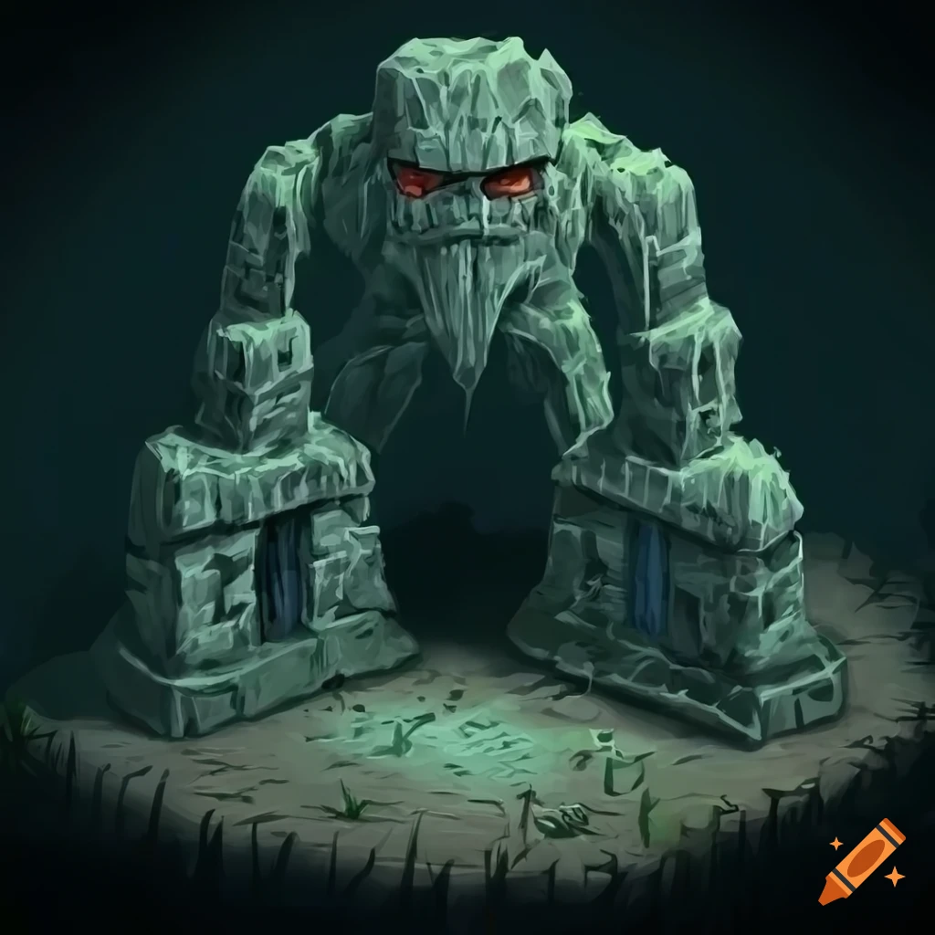 Golem graveyard scene with a wizard's tomb and stone golem in isometric ...