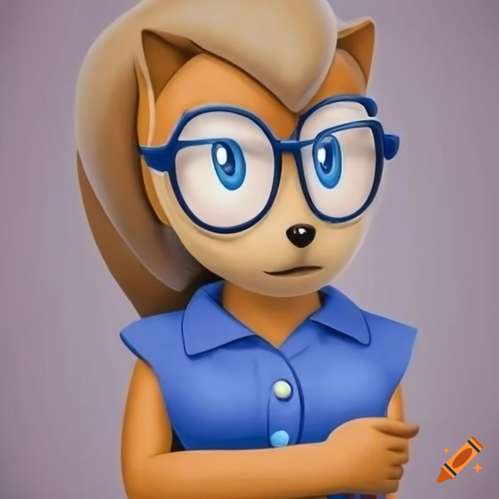 Sally Acorn in royal blue shirt and glasses in side profile on Craiyon