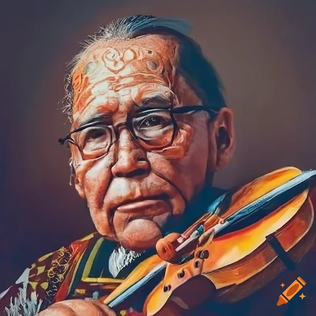 Indigenous Métis artist showcasing traditional fiddling craft on Craiyon