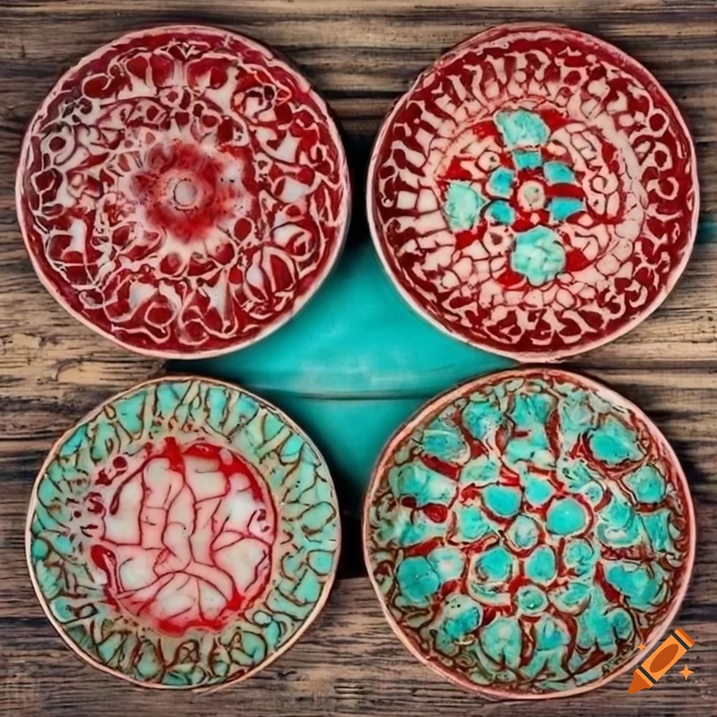 Intricately designed raku pottery on distressed wooden surface on Craiyon