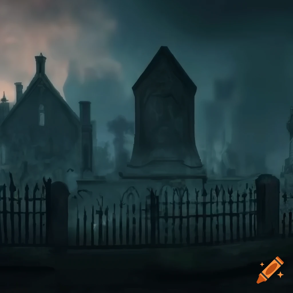 Atmospheric gothic graveyard scene with metal fences and stone ...
