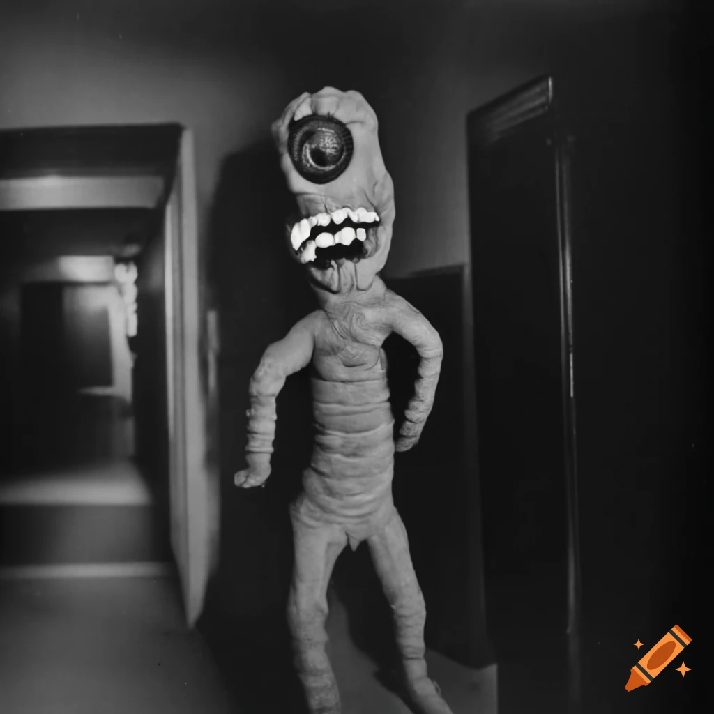 Colorful monster with long limbs in a dark school hallway on Craiyon