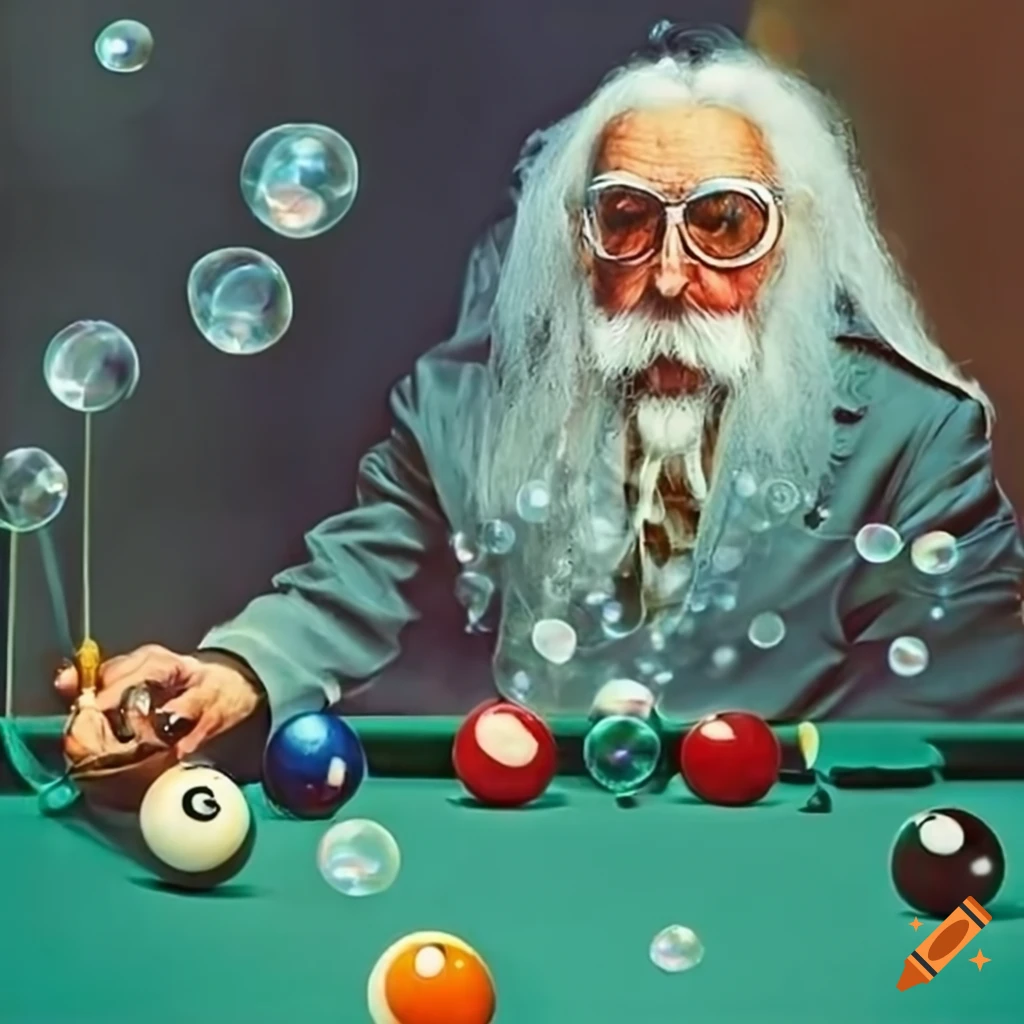 Surrealistic scene of an old man playing pool with unusual items by ...