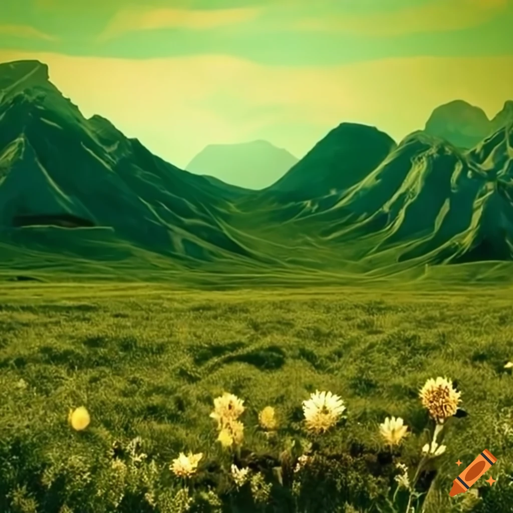 Alien invasion on a green field near mountains on Craiyon