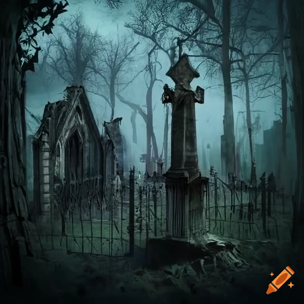 Gothic-style graveyard ruins with broken metal fences inspired by ...