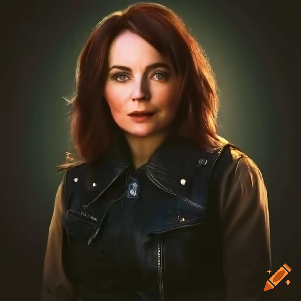 British actress resembling Caroline Catz in outlaw biker style attire ...