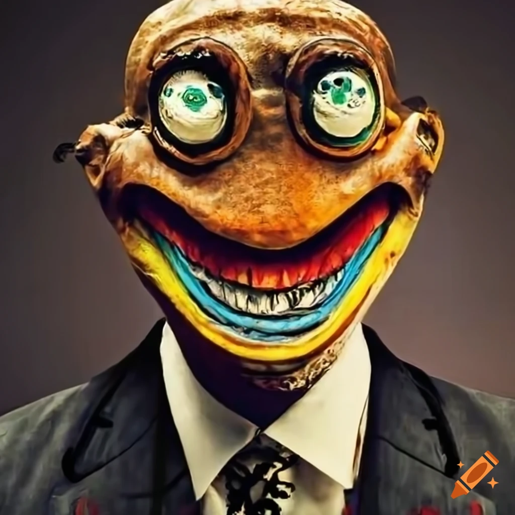 Surreal image of a frog-headed human skateboarding with flying cows and ...