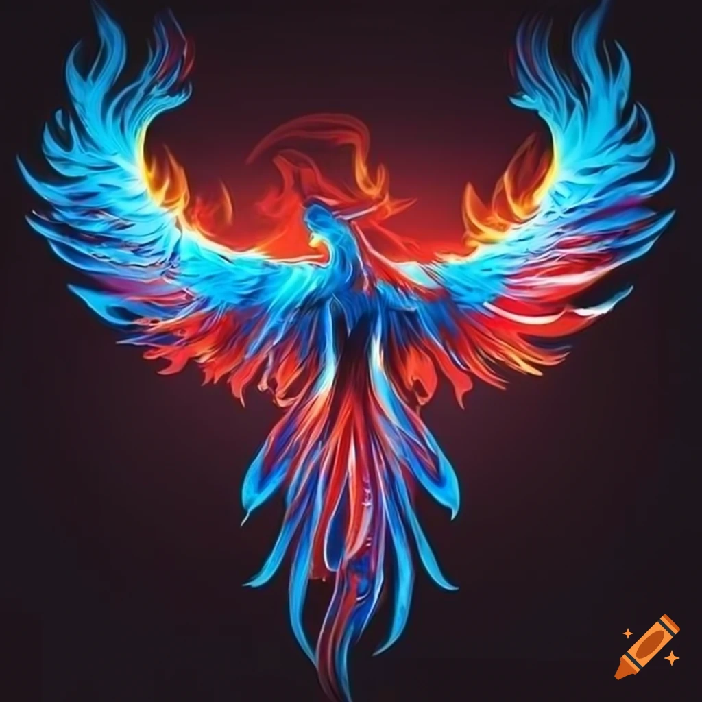 Blue and red Fire Phoenix logo on black background on Craiyon