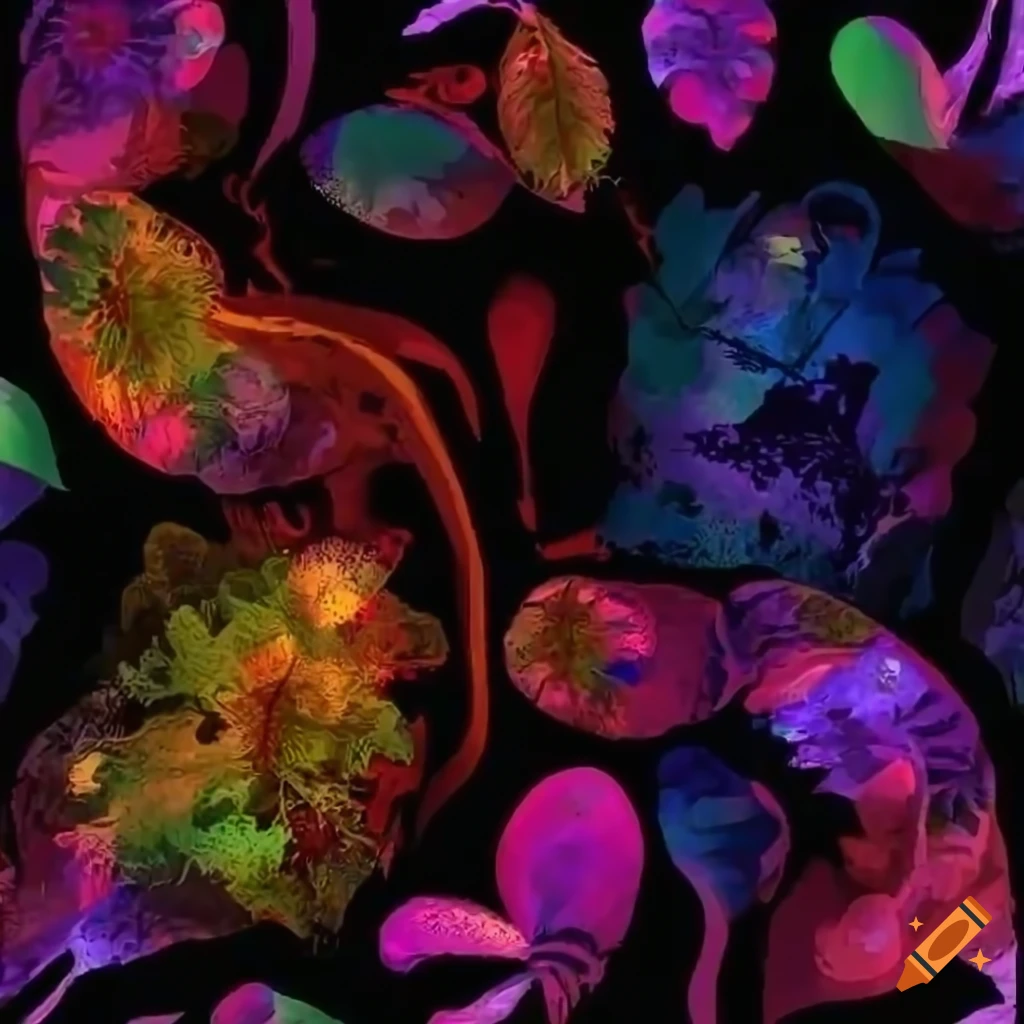 Psychedelic forest with glowing multicolored leaves and floating mouths ...