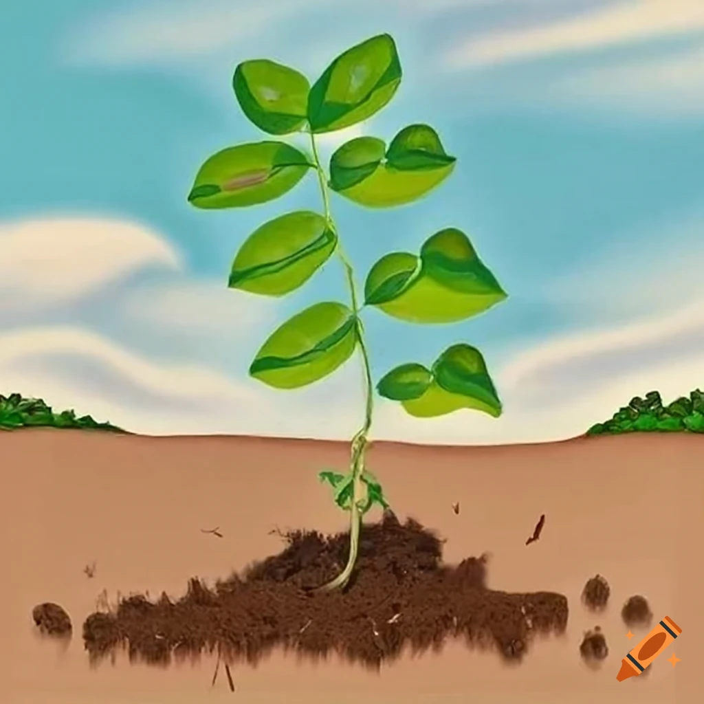 Healthy pea plant with flowers and roots in a barren landscape on Craiyon