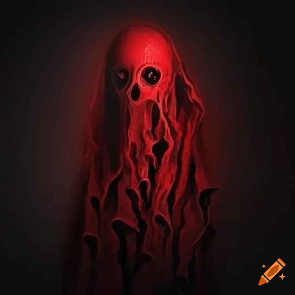 Intricate black, red, and white ink drawing of a tormented ghost ...