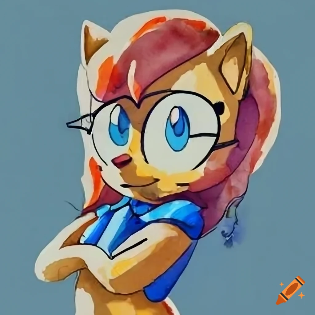 Sally acorn in a royal blue shirt and glasses in side profile view on ...