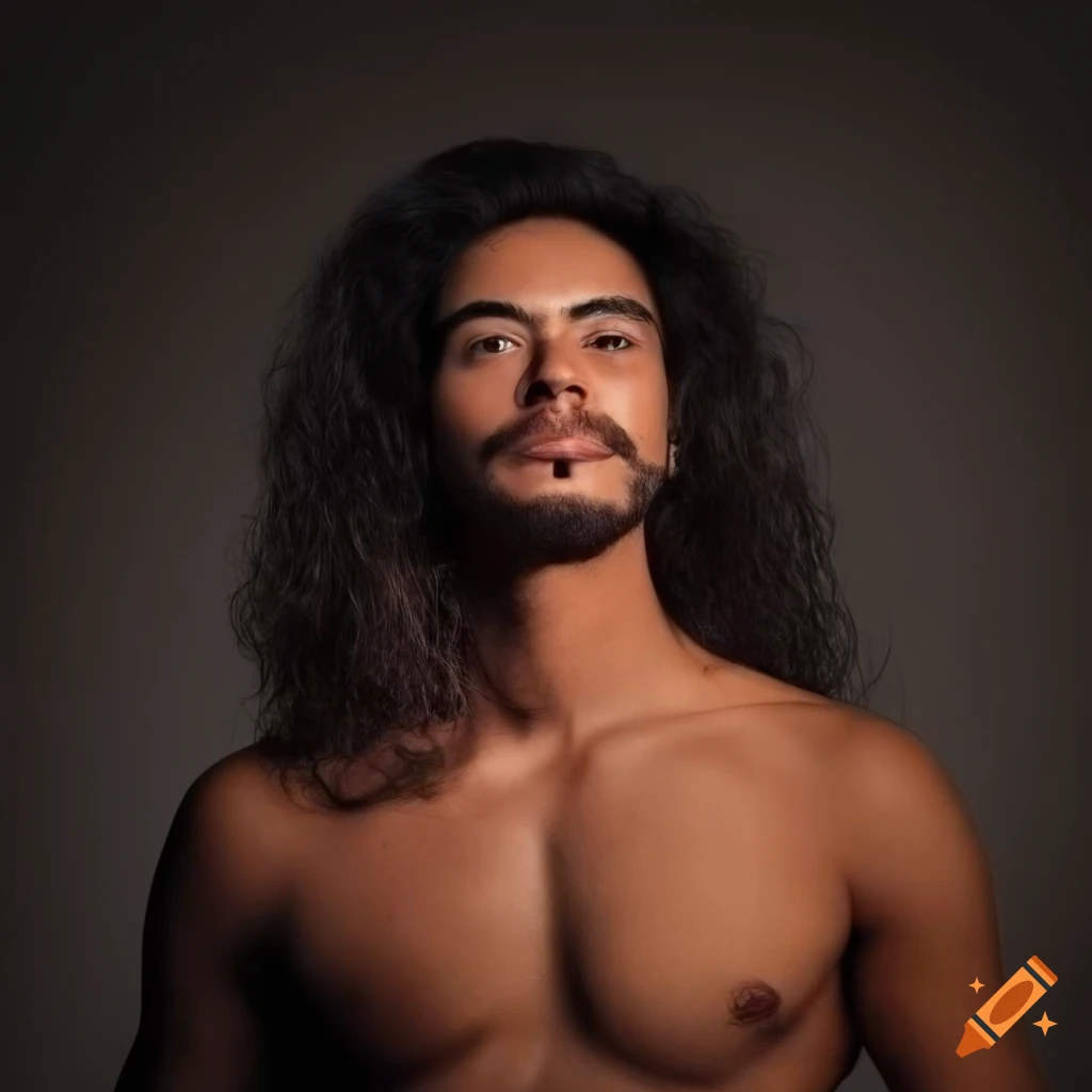 Mexican man with brown skin, clean-shaven, long hair, round face and ...