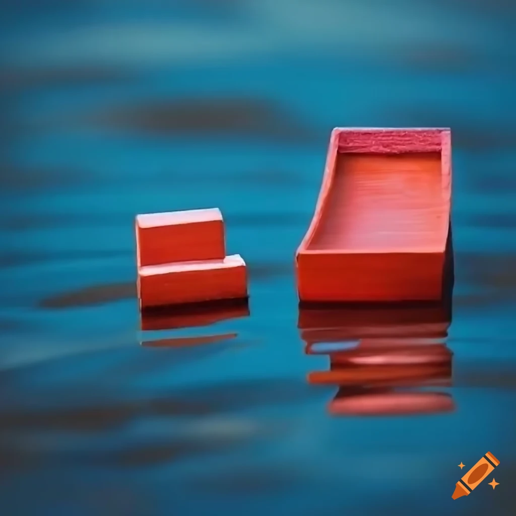 Small red blocky toy boat on rippling shallow water with light ...