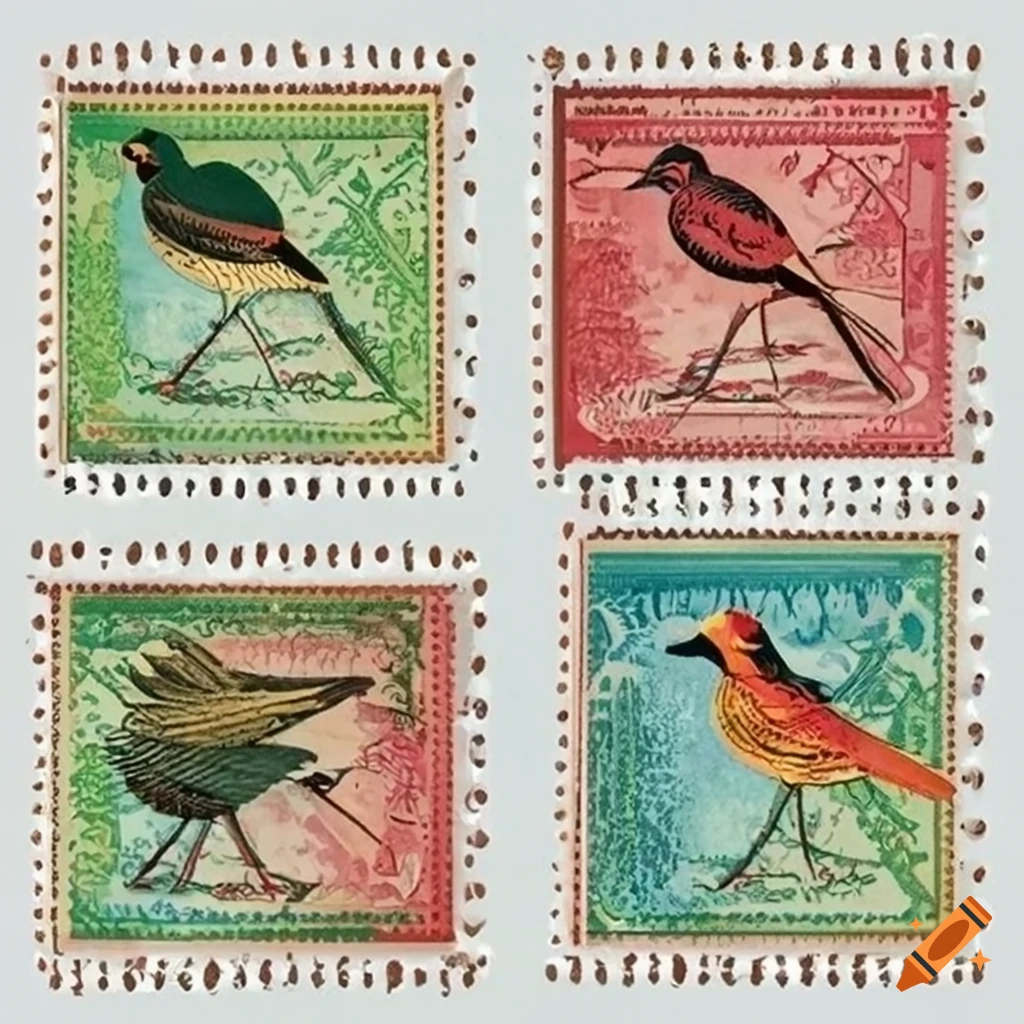 Vintage stamp sticker set featuring state birds in bright colors on Craiyon