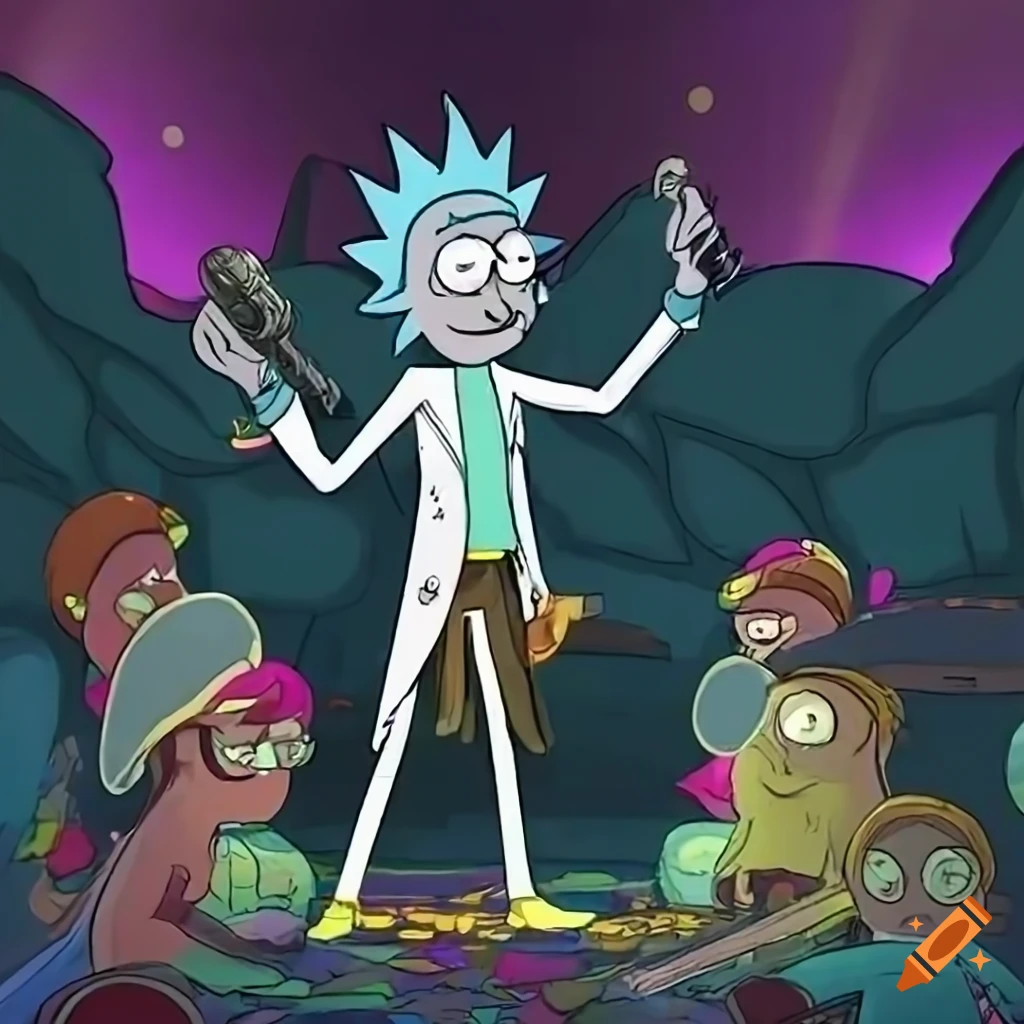 Rick sanchez singing on stage with morty playing tambourine in a ...