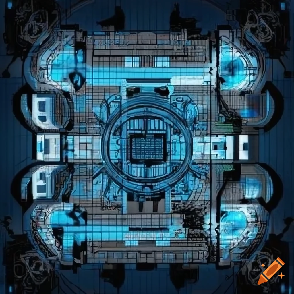 High-tech laboratory map with central control room and energy core on ...