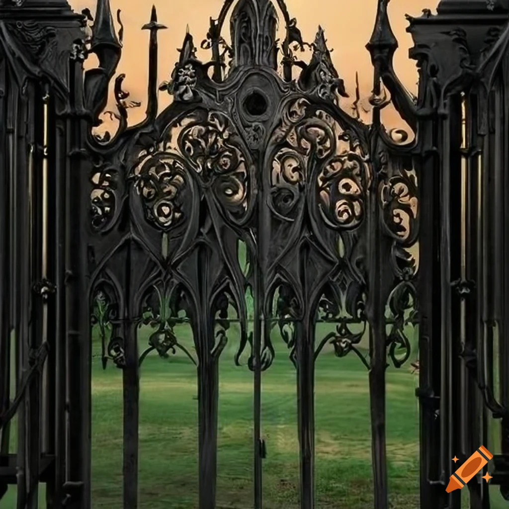 Gothic-style ornate metal fence with a broken gap inspired by ...