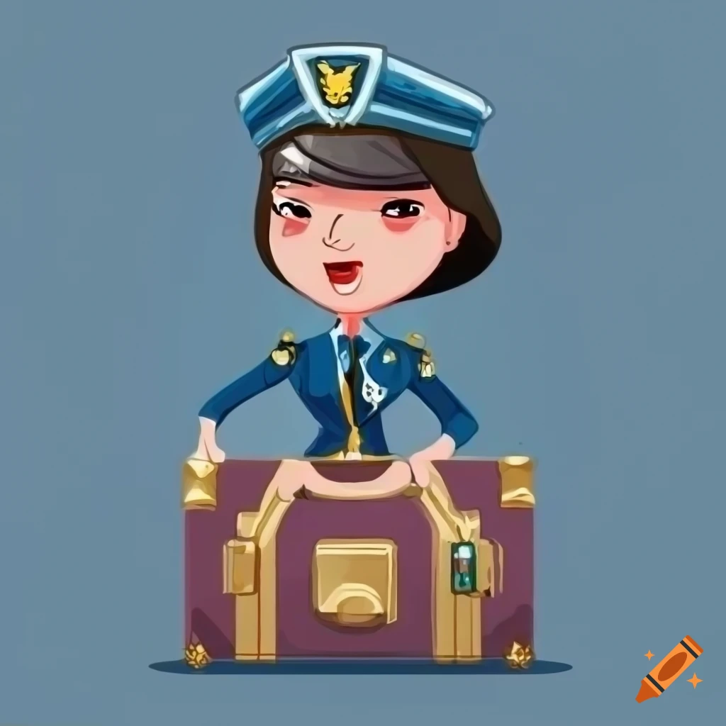 Cartoon female customs officer inspecting a suitcase with jewels on Craiyon