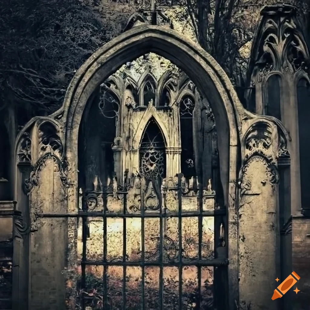 Eerie gothic cemetery with ornate metal fences and gravestones on Craiyon