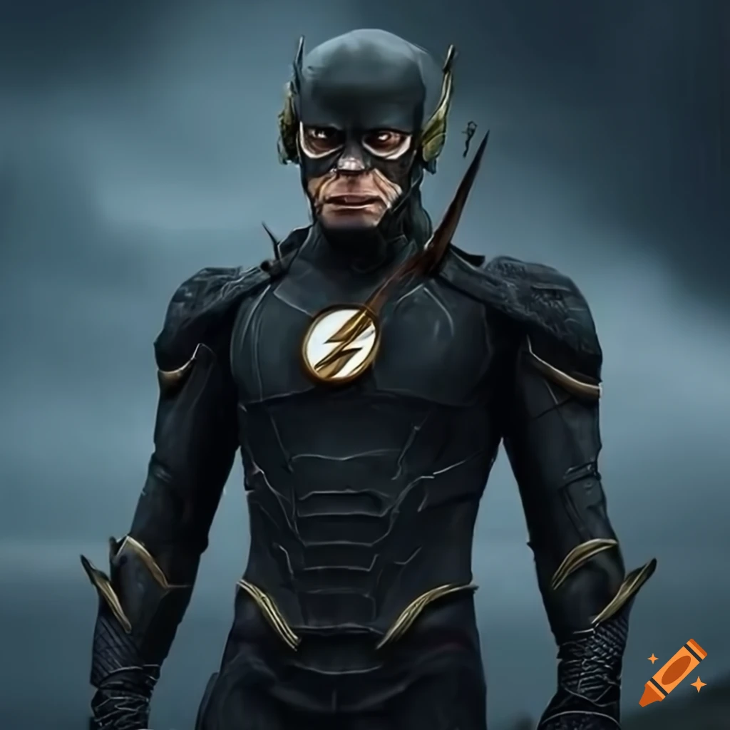 Hyper-realistic the flash in dark armor with glowing eyes in a stormy ...