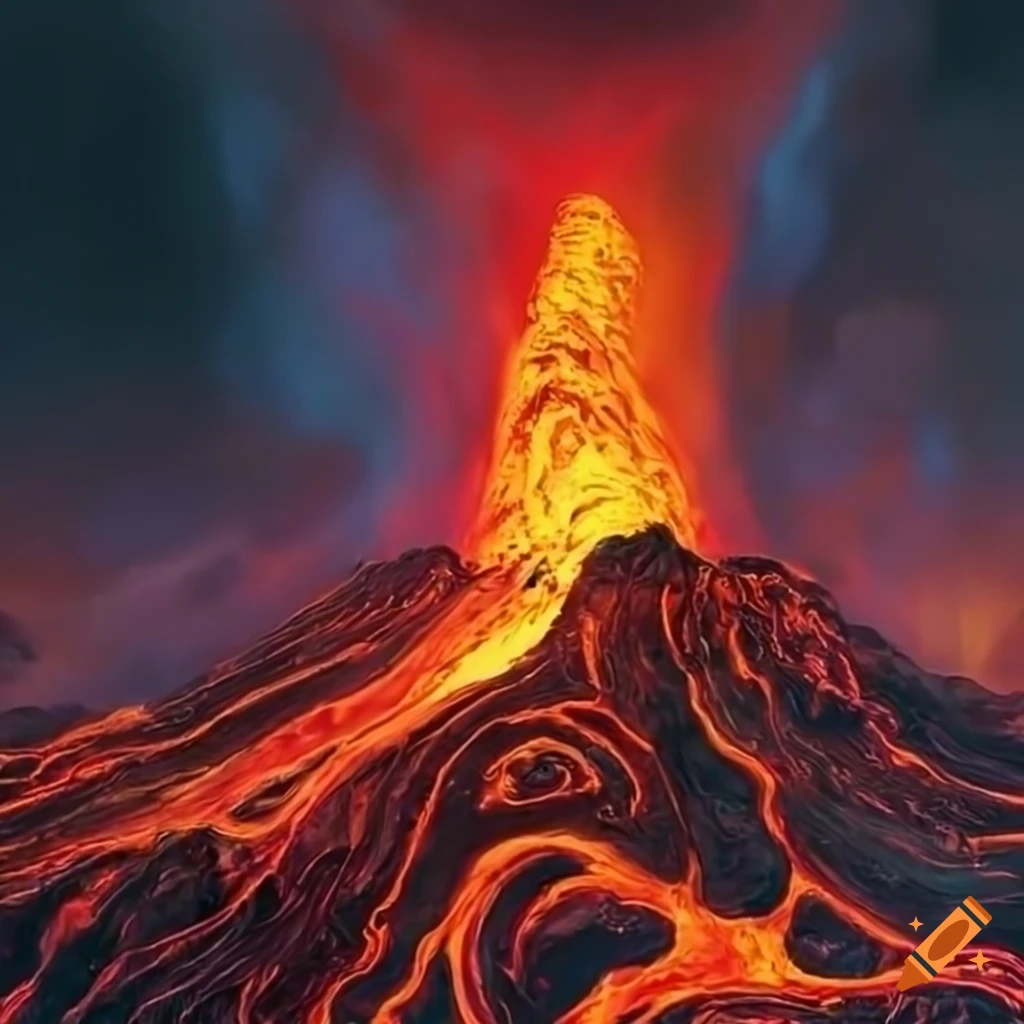 Volcano with molten gold lava flowing down its sides on Craiyon