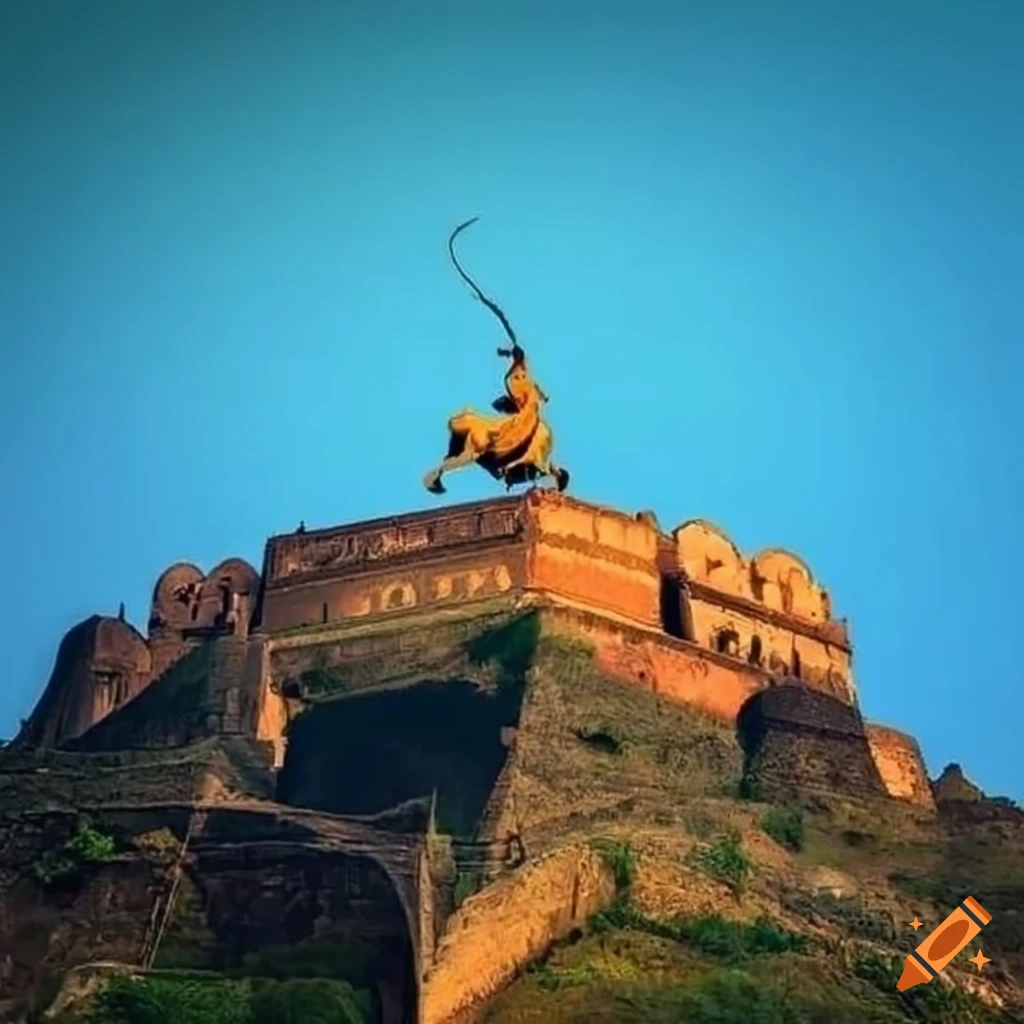 Shivaji maharaj standing on torna fort with sword raised under a clear ...