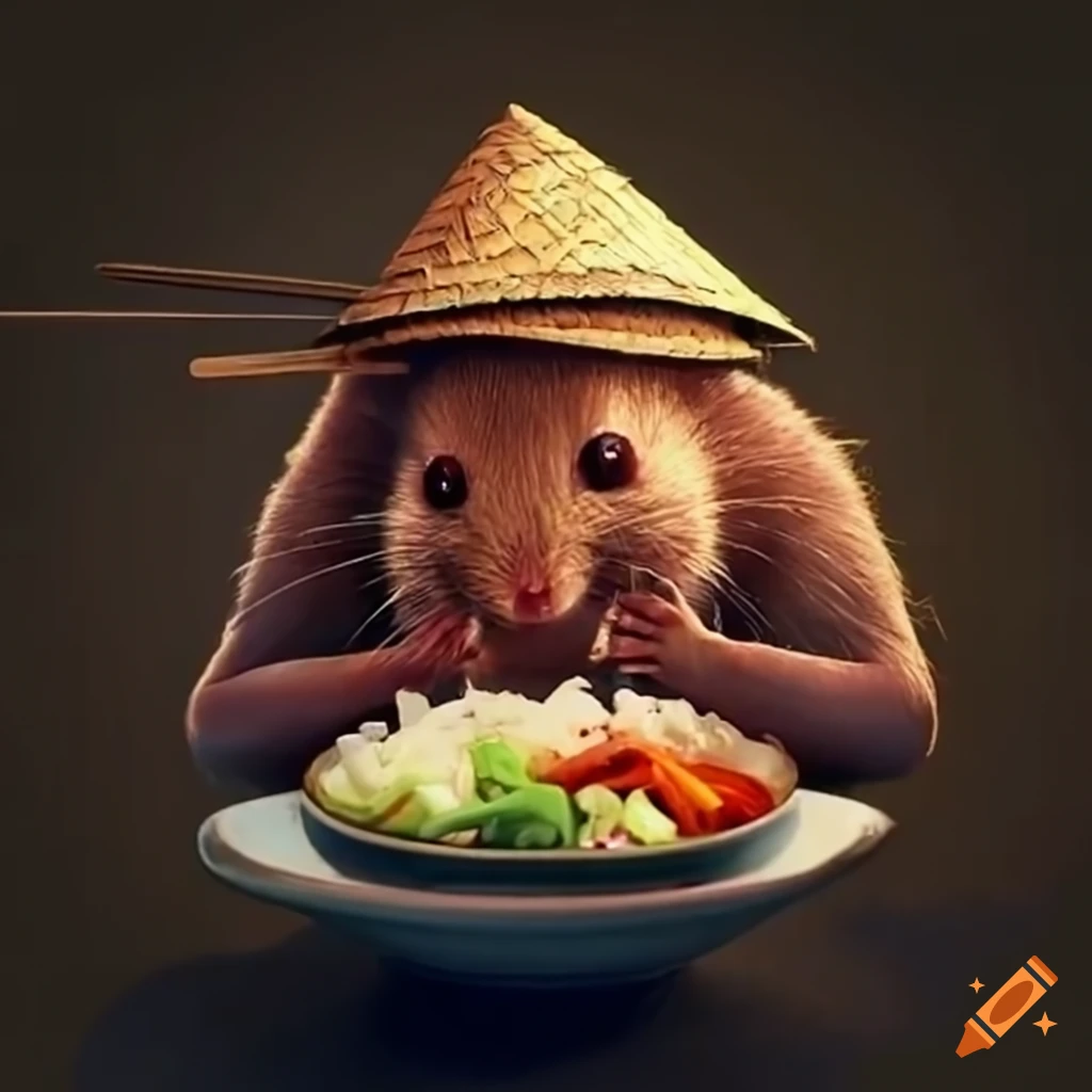 Rat with rice bowl, chopsticks, and Chinese rice-farmer hat on Craiyon