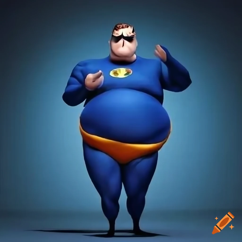 Overweight Mr. Incredible in blue hero suit with exposed belly on Craiyon