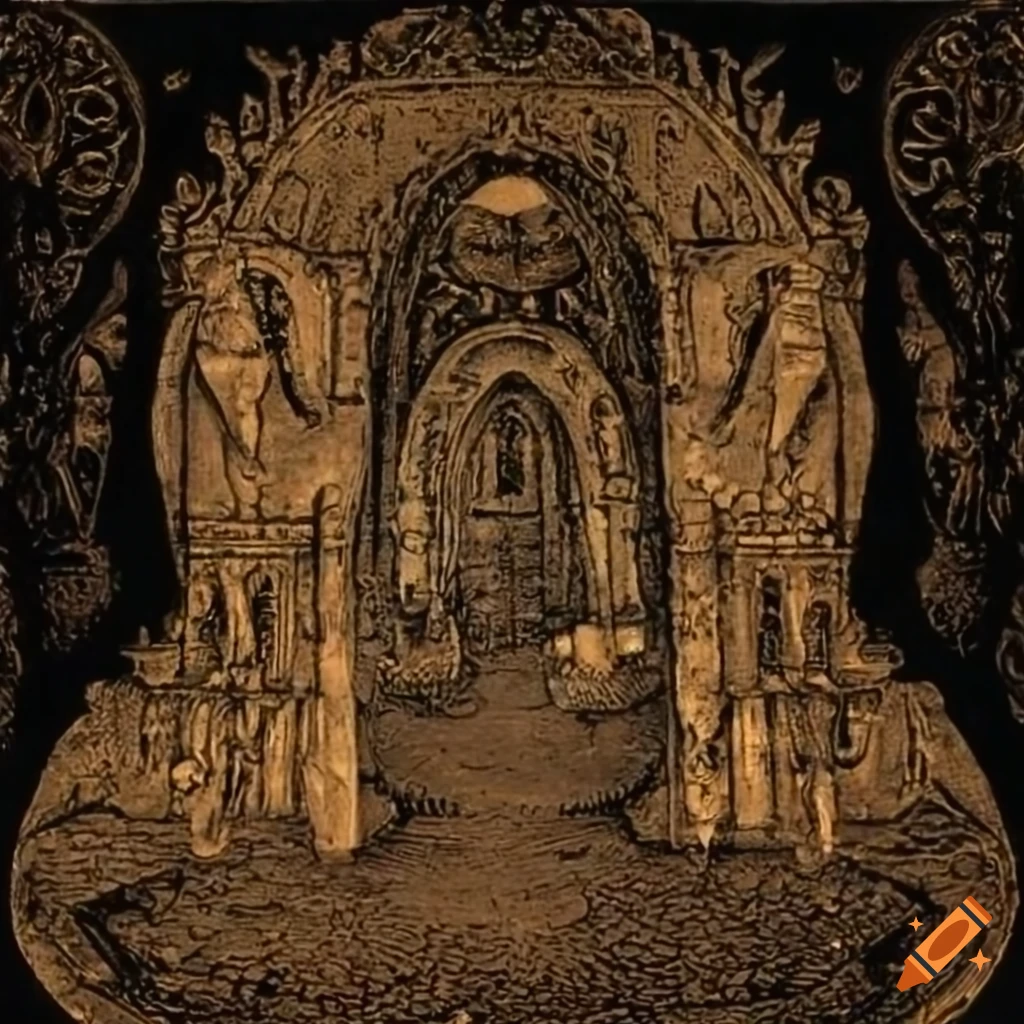 Ancient city of Carcosa depicted in an occult tome on Craiyon