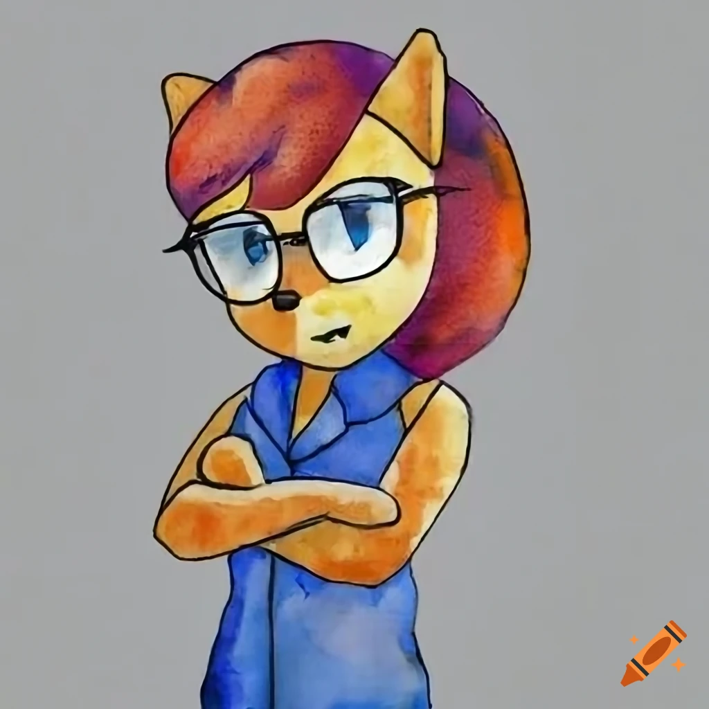 Sally acorn in a royal blue sleeveless shirt and glasses in side ...