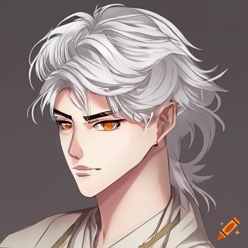 Anime man with silver hair and amber eyes in a solemn pose on Craiyon