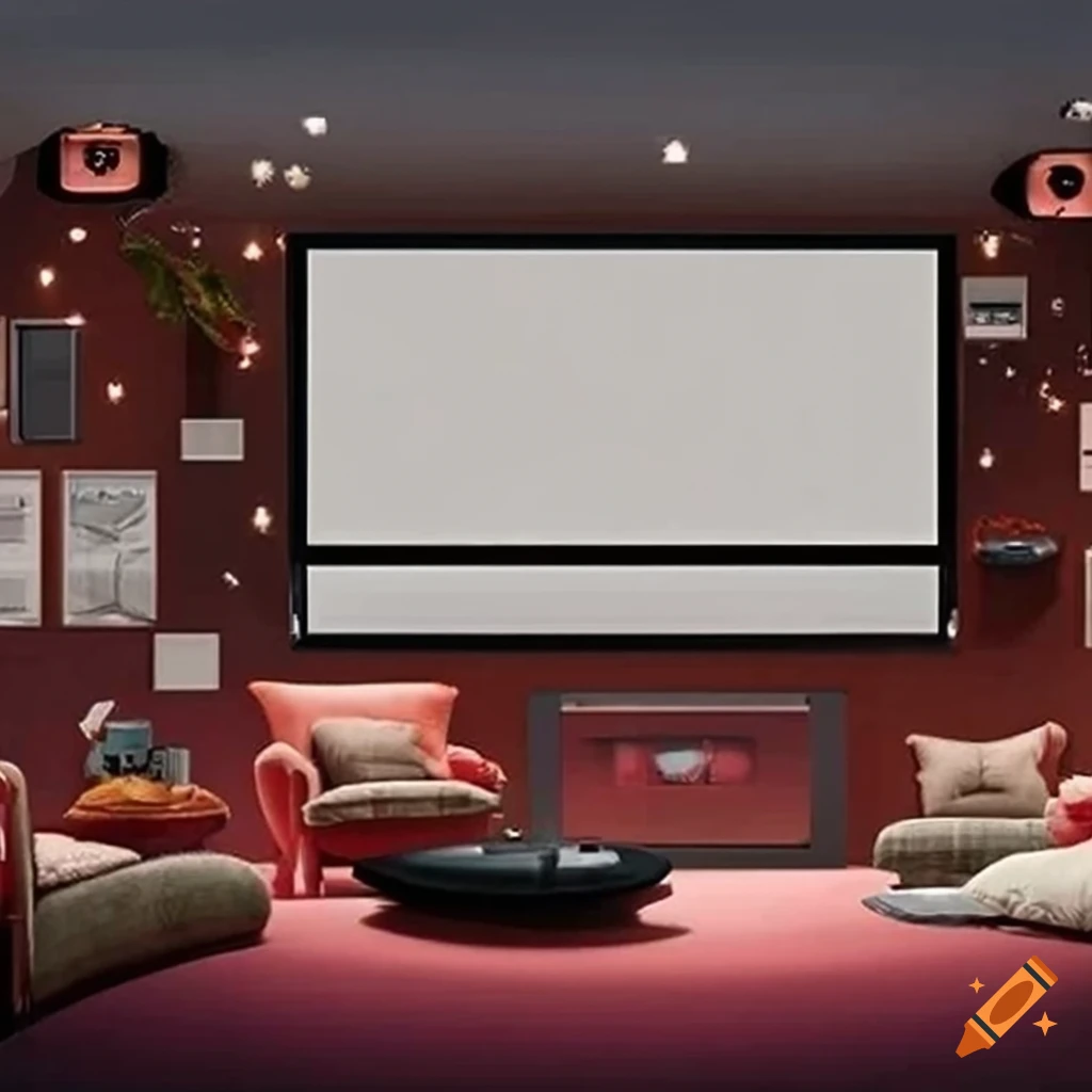 Cozy talk-show set with stylish cinema-themed decor on Craiyon