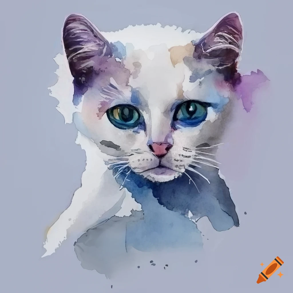 Aquarelle of a small white female cat with slightly dirty fur and a ...
