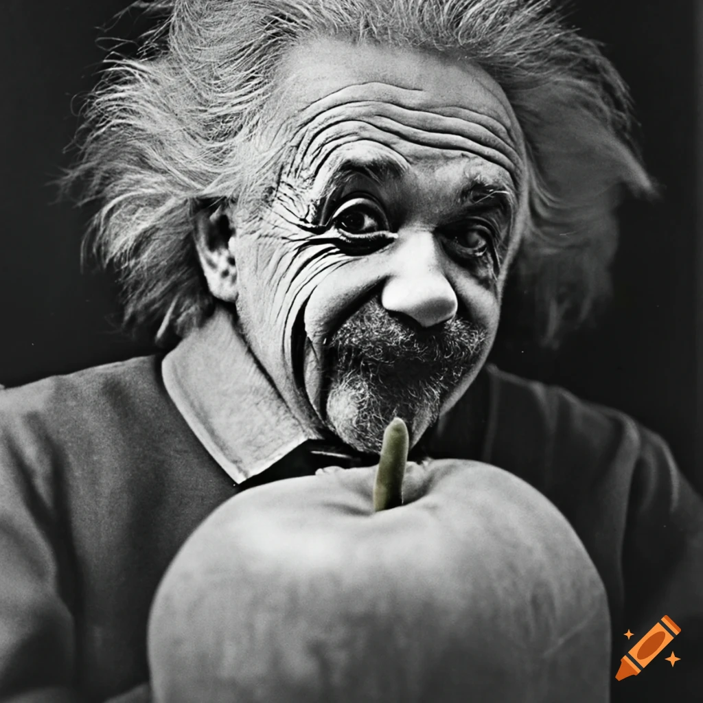 Albert Einstein eating a huge apple in a paparazzi-style photograph on ...